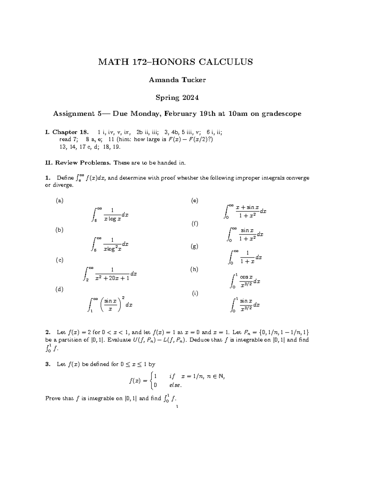 HW5 - Math Hw assigned by professsor tucker - MATH 172–HONORS CALCULUS ...