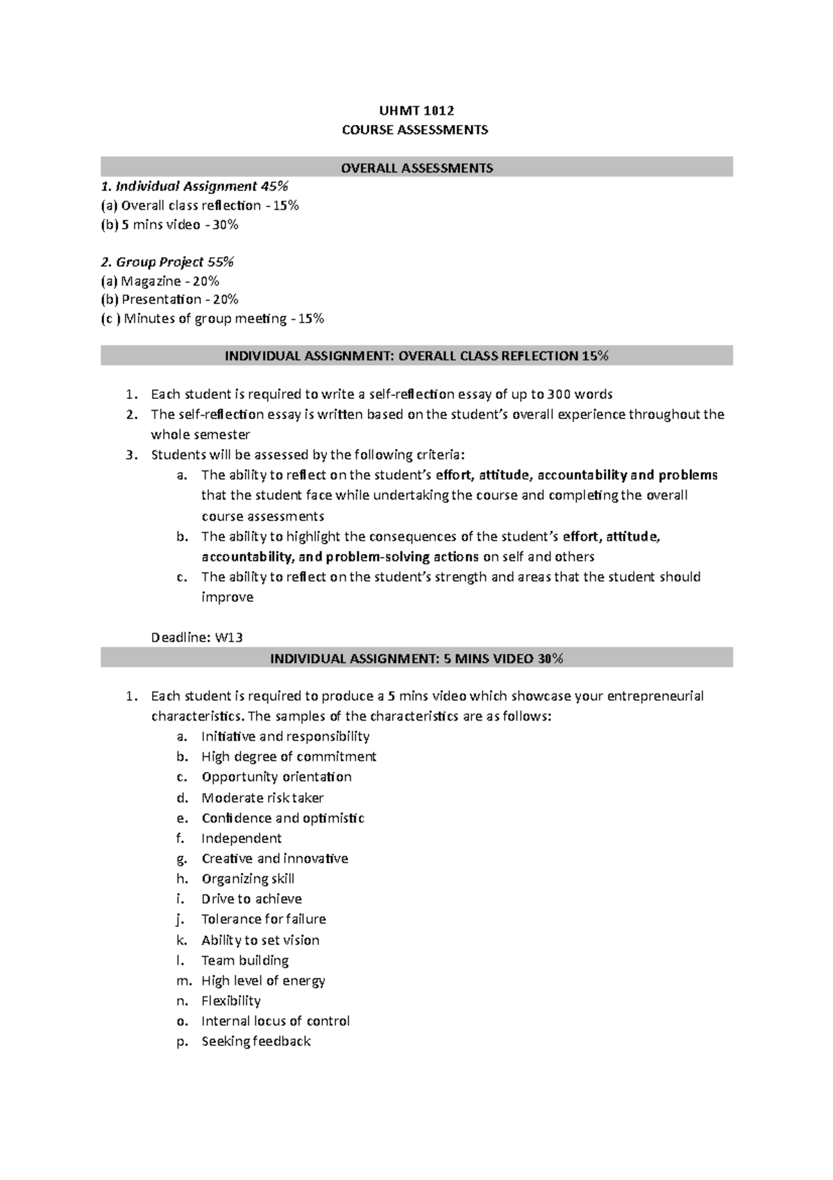 Course Assessments UHMT 1012 20212022 - UHMT 1012 COURSE ASSESSMENTS ...