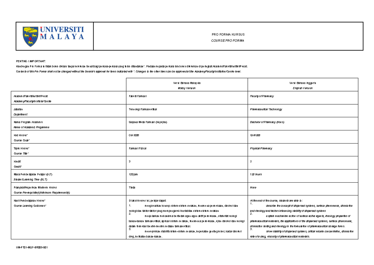 5. UM-PT01-MQF-BR005-S01 Proforma Kursus-PF - PRO FORMA KURSUS COURSE ...