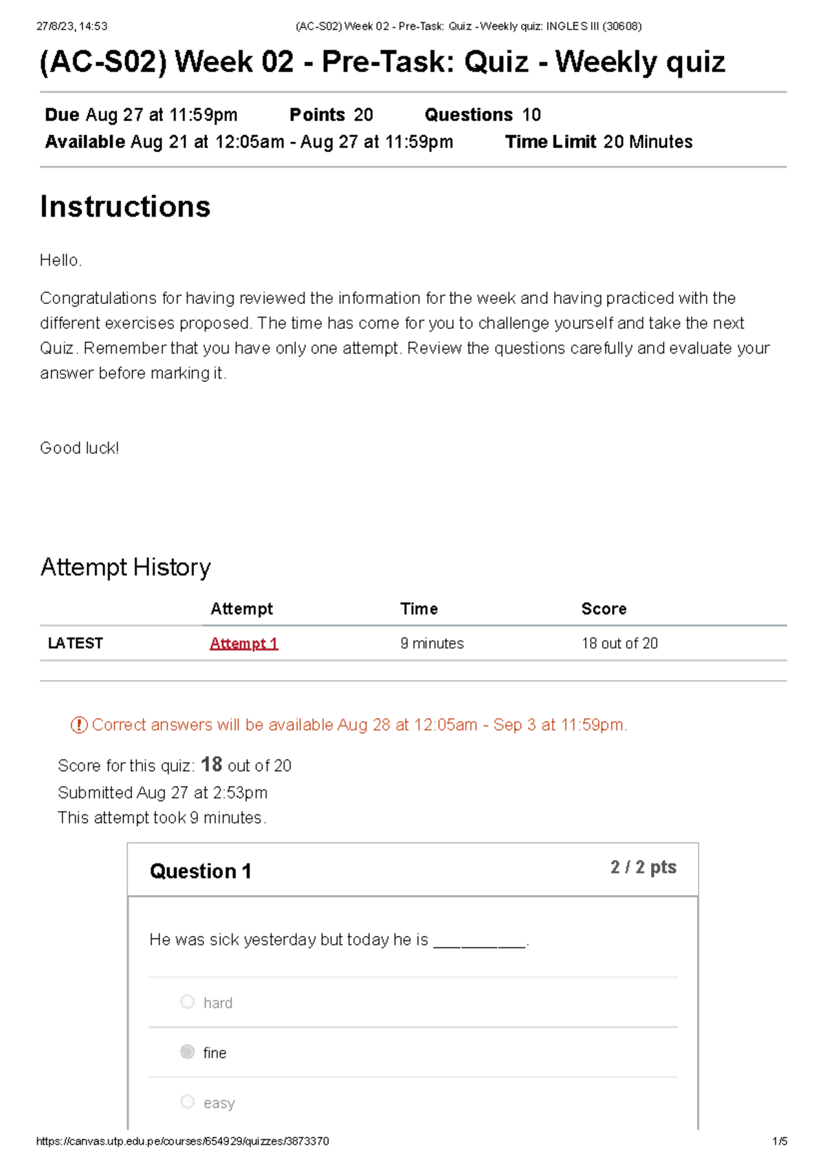 (AC-S02) Week 02 - Pre-Task Quiz - Weekly quiz Ingles III (30608) - (AC-S02) Week 02 - Pre-Task ...