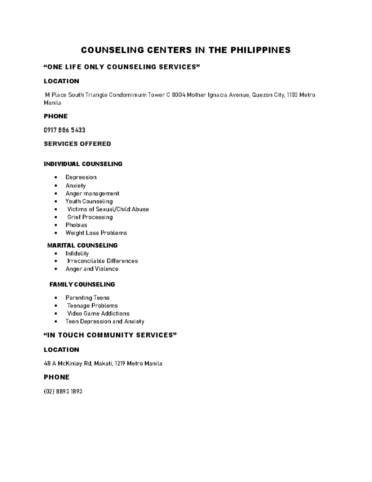 Counseling Centers in the Philippines evaluation - COUNSELING CENTERS ...