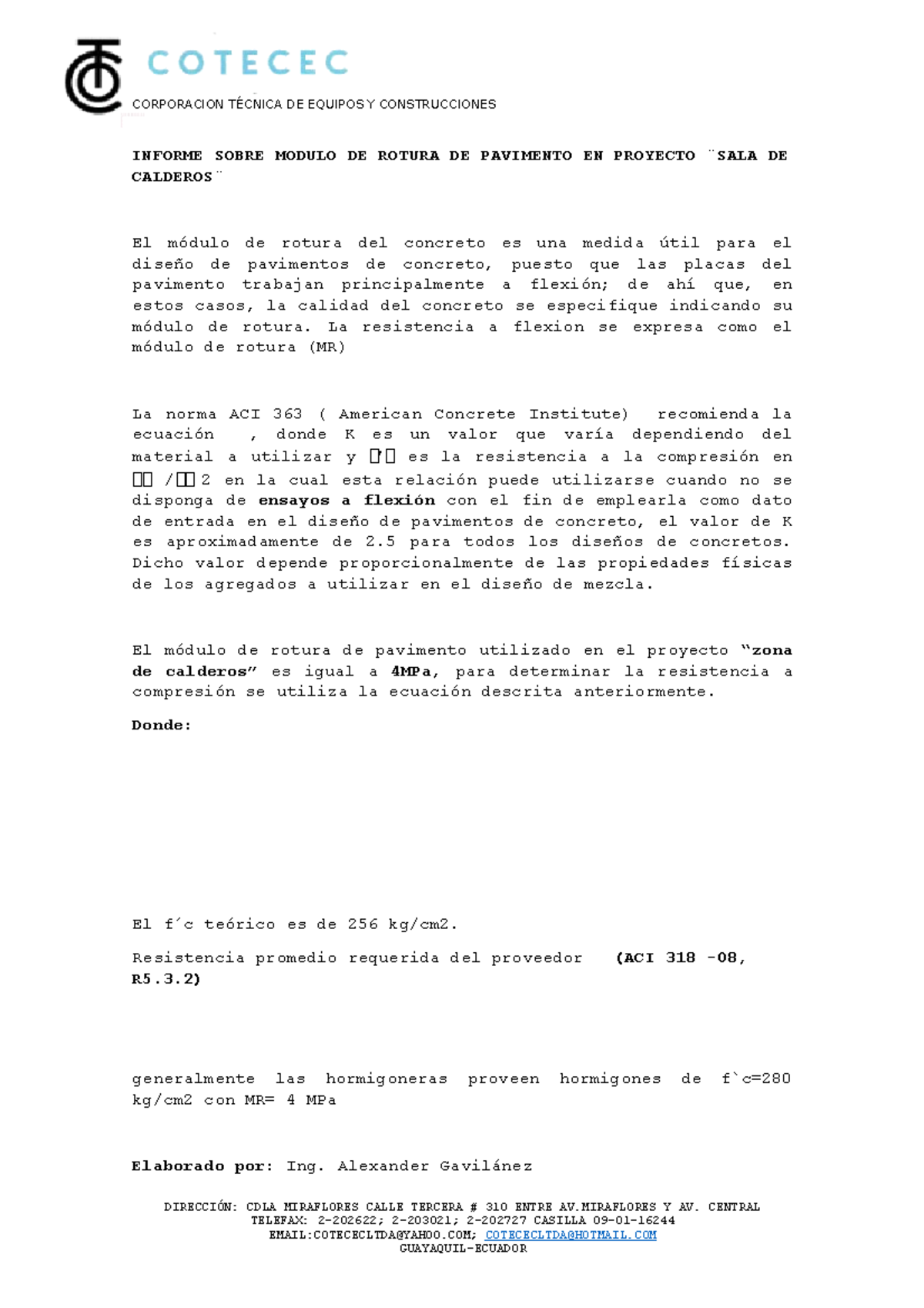 Modulo DE Rotura DE Pavimento EN SALA DE Calderos - CORPORACION TÉCNICA ...