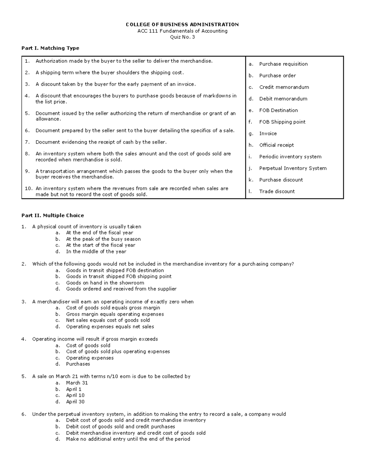 QUIZ–Merchandise Accounting - COLLEGE OF BUSINESS ADMINISTRATION ACC ...