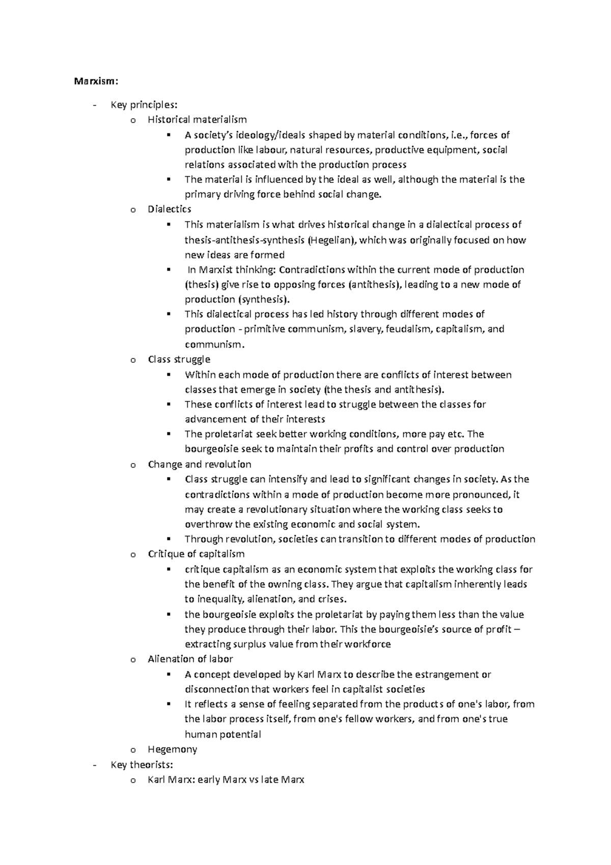 GOVT2991 study - Summary Political Analysis - Marxism: - Key principles ...