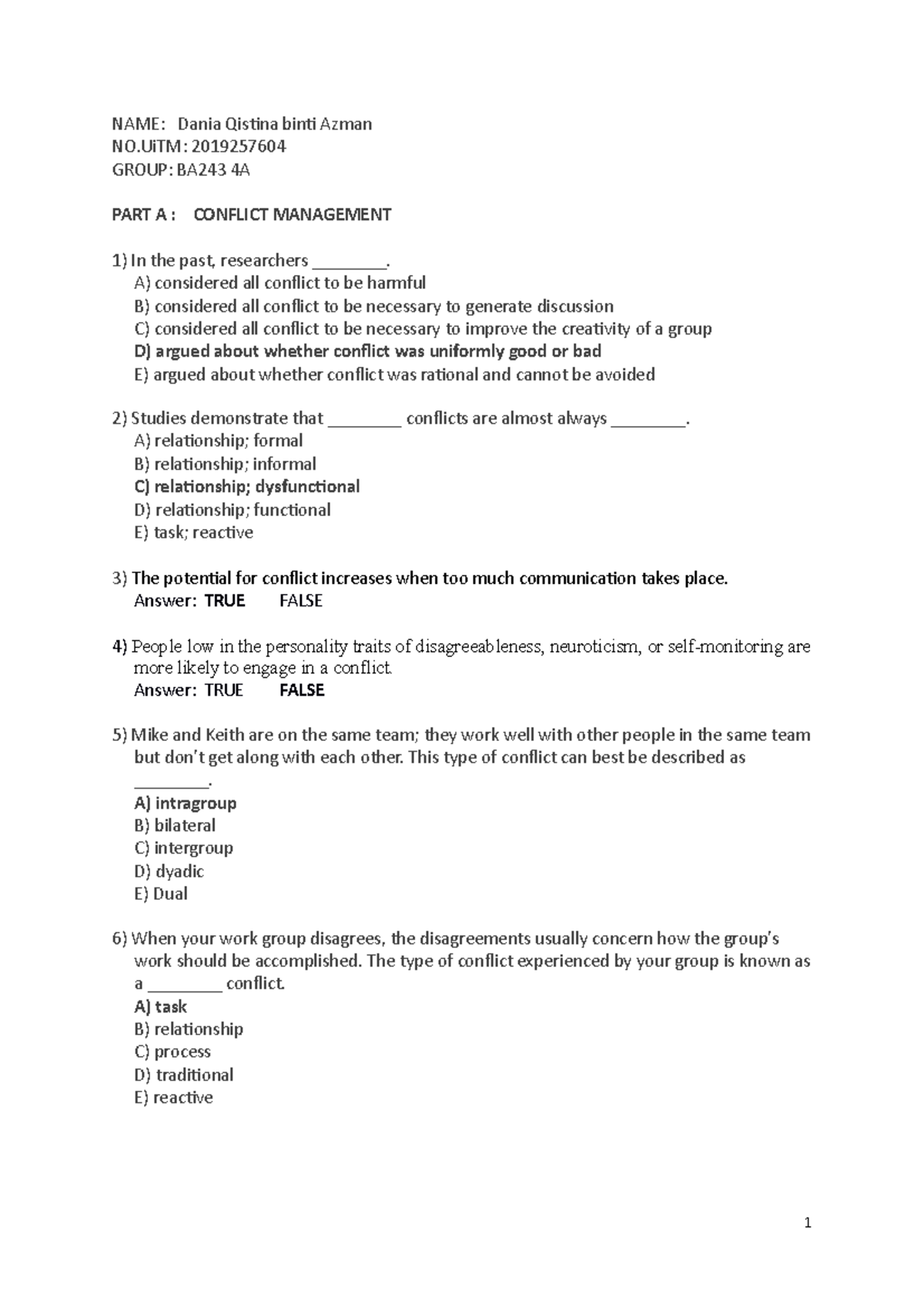 Short QUIZ Conflict AND Stress Management - NAME: Dania Qistina binti ...