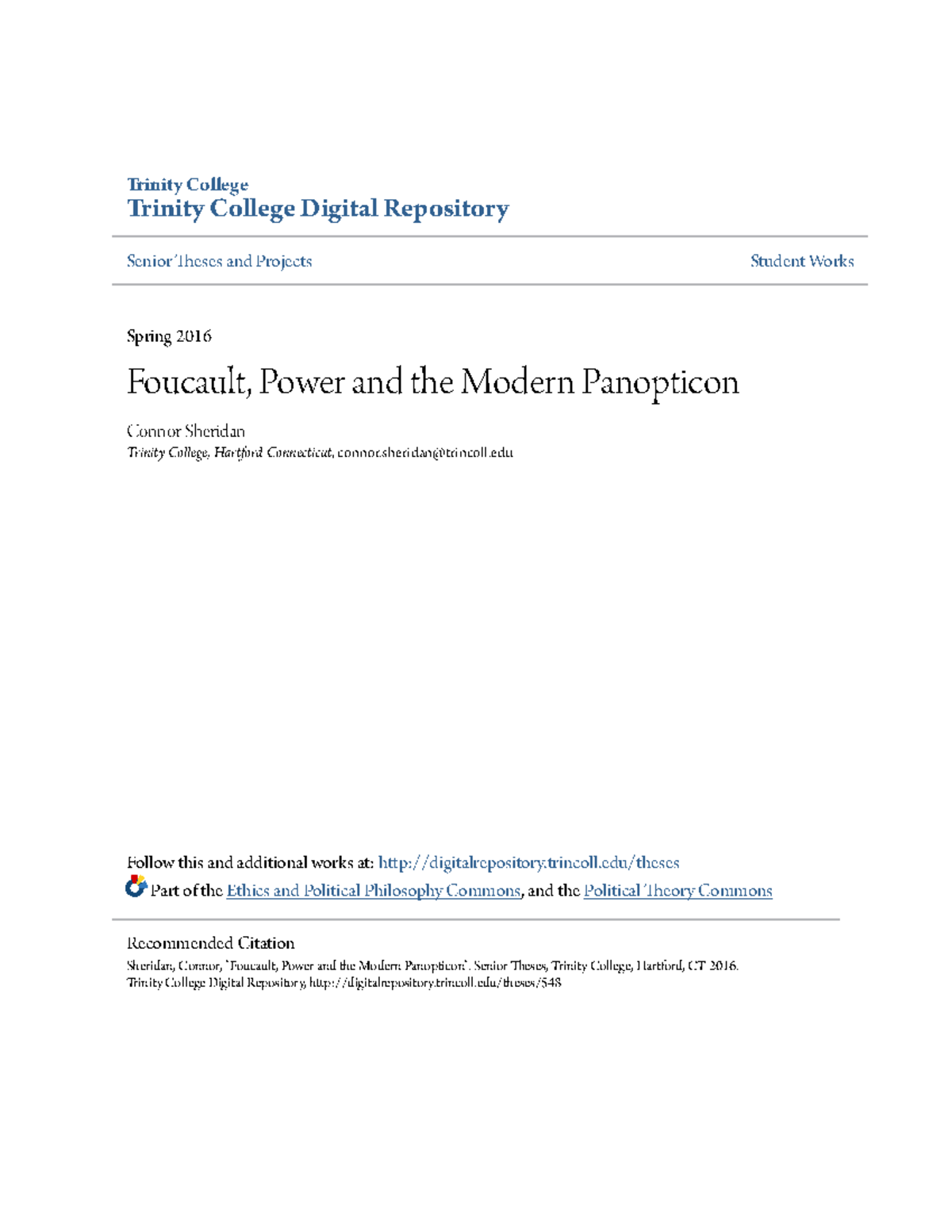 Foucault Power and the Modern Panopticon - Trinity College Trinity ...