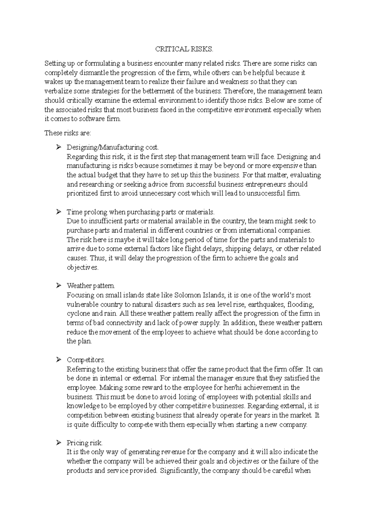 Critical risks - CRITICAL RISKS. Setting up or formulating a business ...