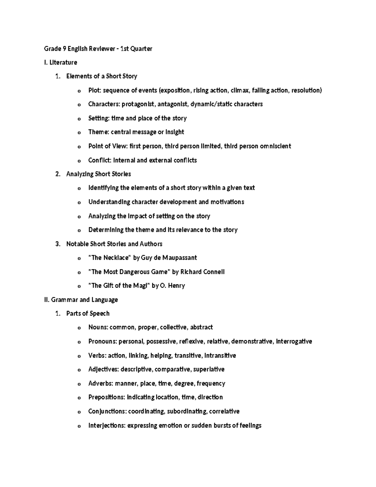 Grade 9 English Reviewer - 1st - Literature 1. Elements of a Short ...