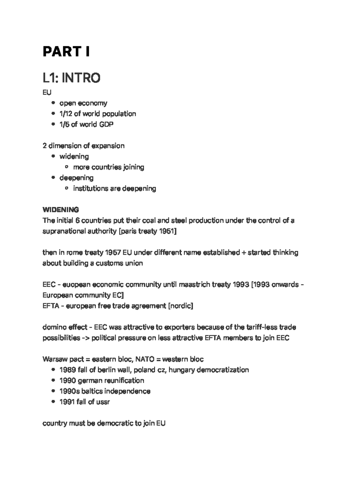 Eep 1 - EEP lecture notes for the first partial. - PART I L1: INTRO EU ...