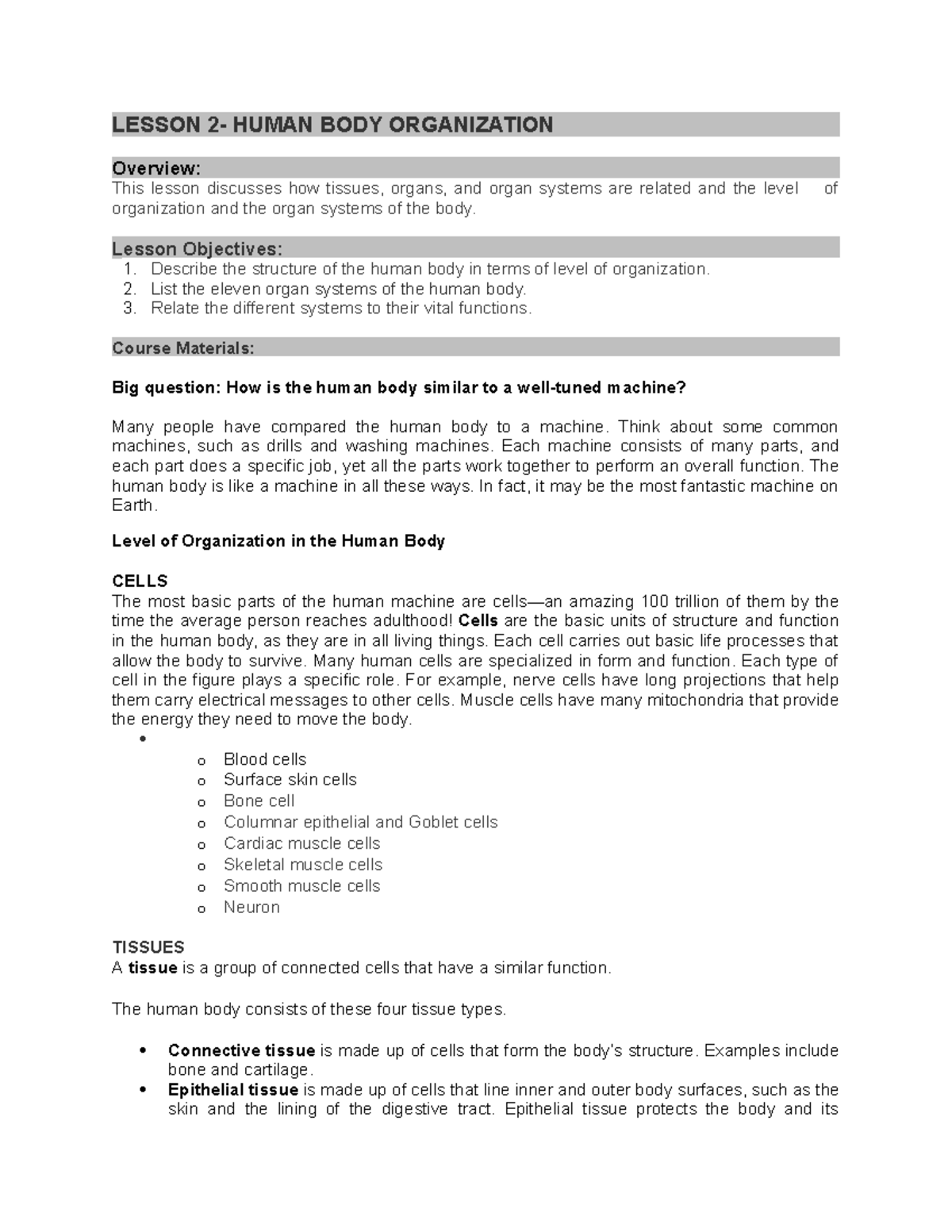 Lesson 2 - Office related courses. - LESSON HUMAN BODY ORGANIZATION ...