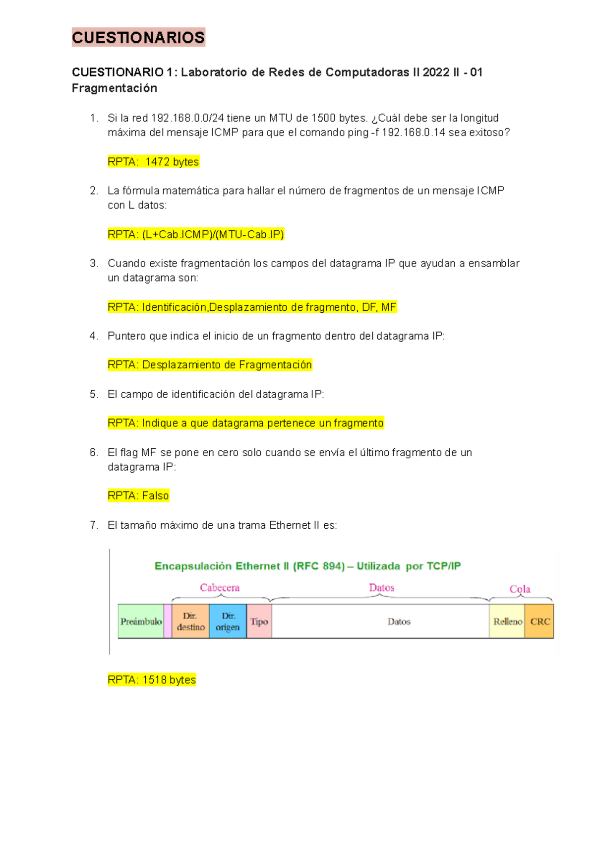 EXAMEN DE REDES DE COMPUTADORAS - CUESTIONARIOS CUESTIONARIO 1: Laboratorio de Redes de ...