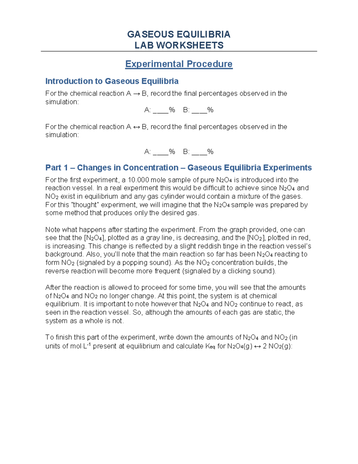 Gaseous Equilibria Worksheets - Chemistry 203 - UCalgary - Studocu