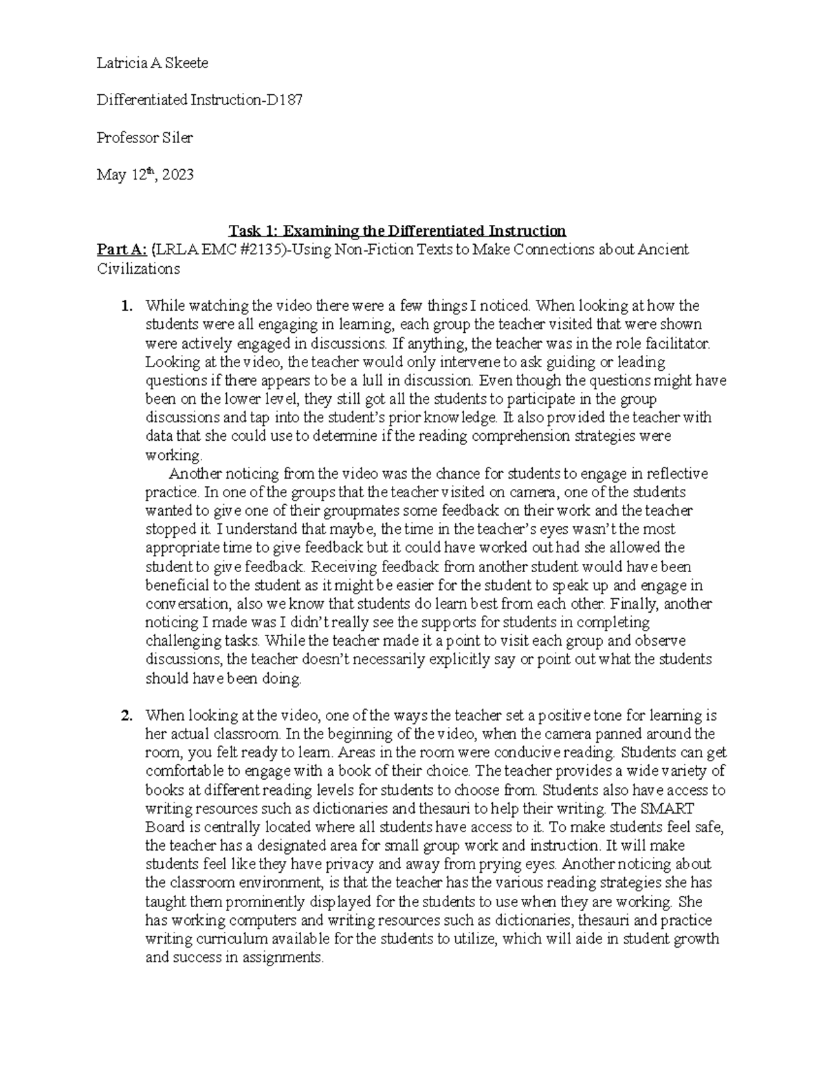 Task 1 Examining the Differentiated Instruction - Latricia A Skeete Differentiated Instruction-D ...