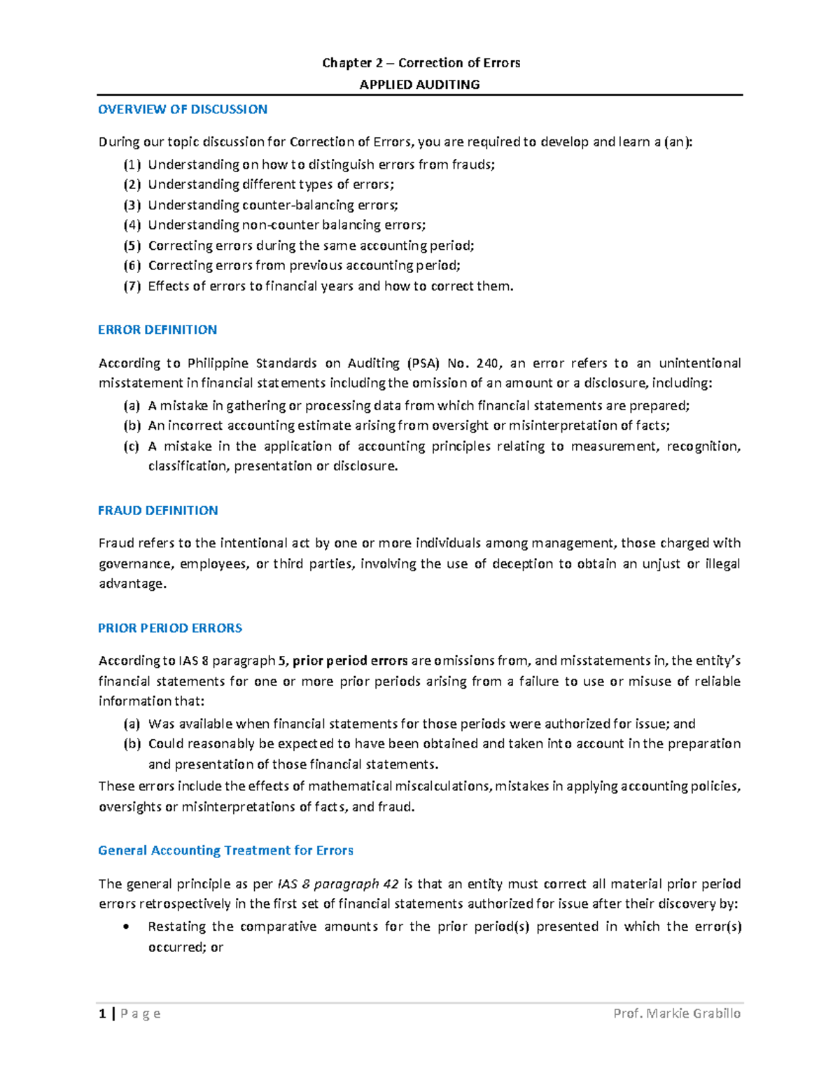 Correction of Errors guide - APPLIED AUDITING OVERVIEW OF DISCUSSION During our topic discussion ...