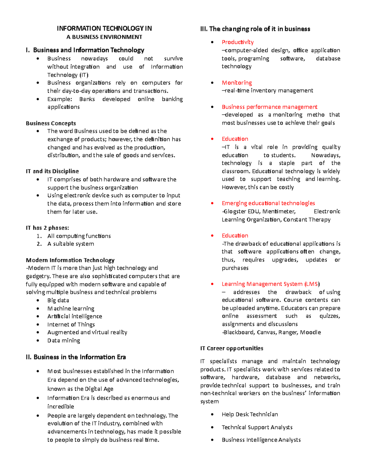 Ittools- Handouts-1 - HANDOUTA - INFORMATION TECHNOLOGY IN A BUSINESS ...