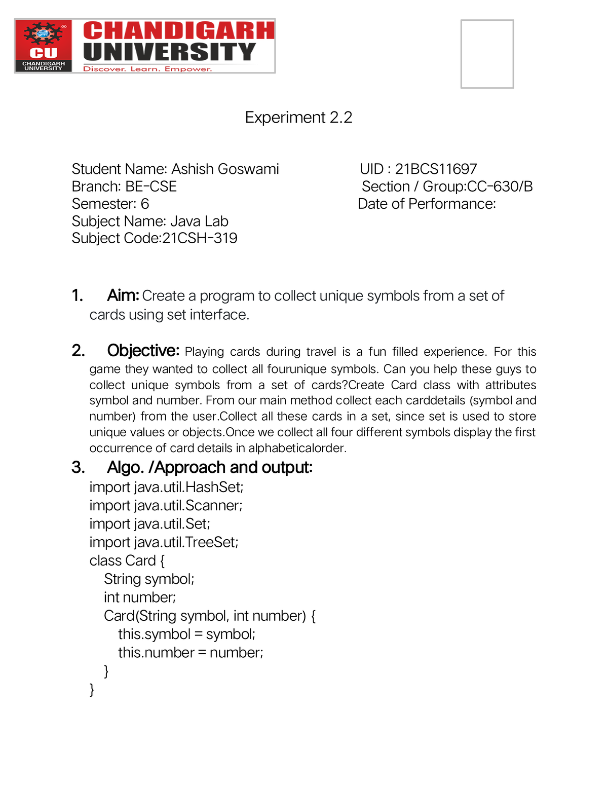 Java 2.2 Ashish - Worksheet - 1. Aim: Create a program to collect unique symbols from a set of ...