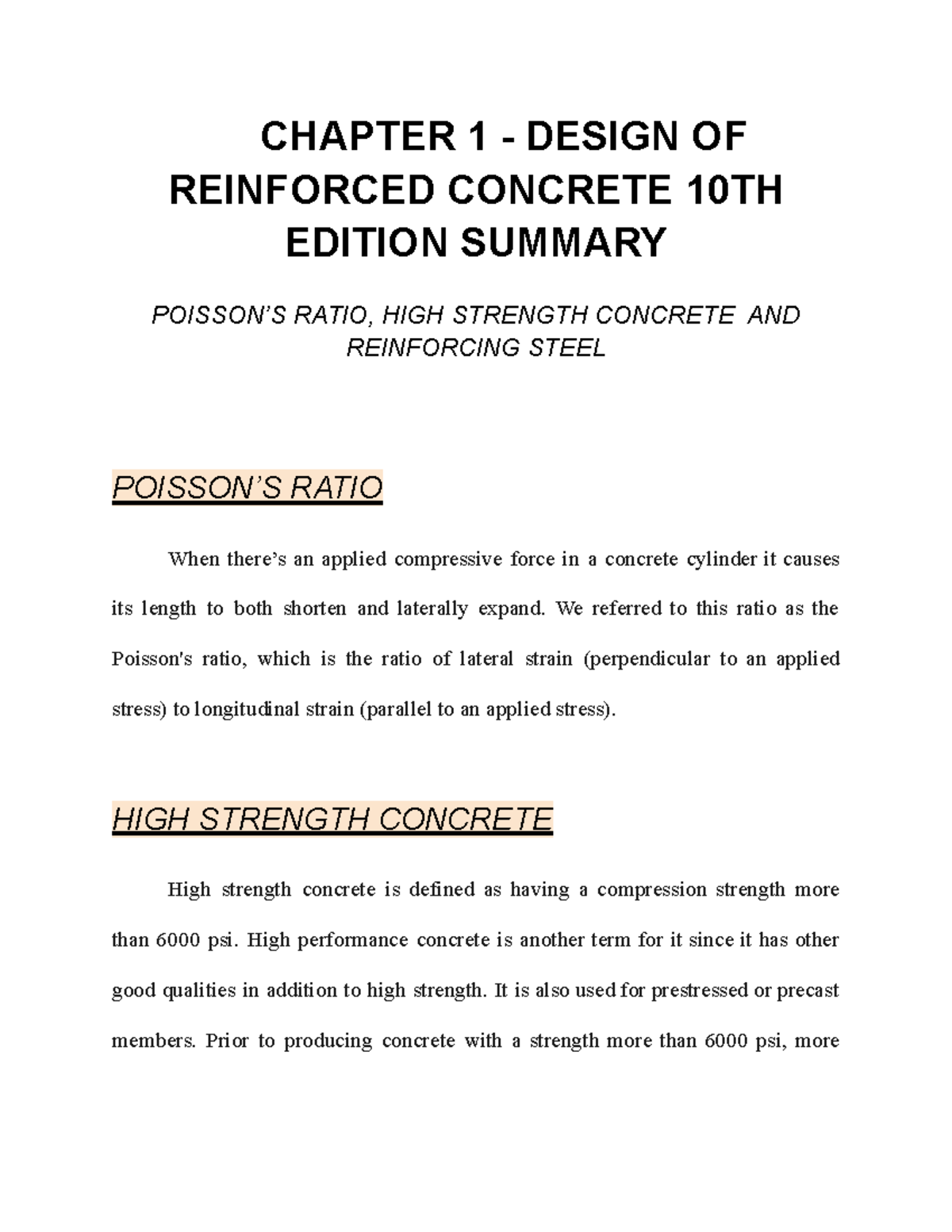 Poisson’S Ratio, HIGH Strength Concrete AND Reinforcing Steel - Design ...