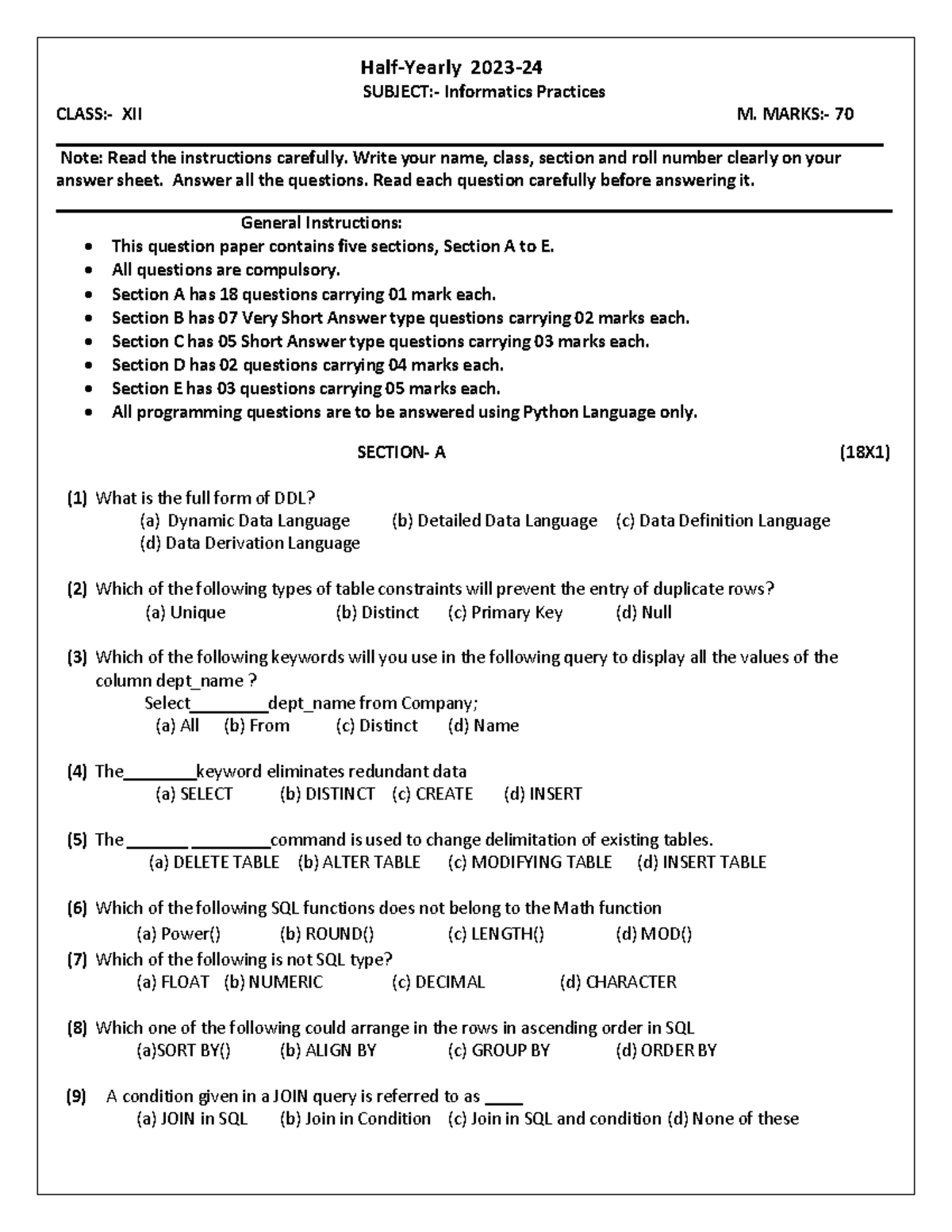 Informatics Practices 12std - Half-Yearly 2023- SUBJECT:- Informatics ...