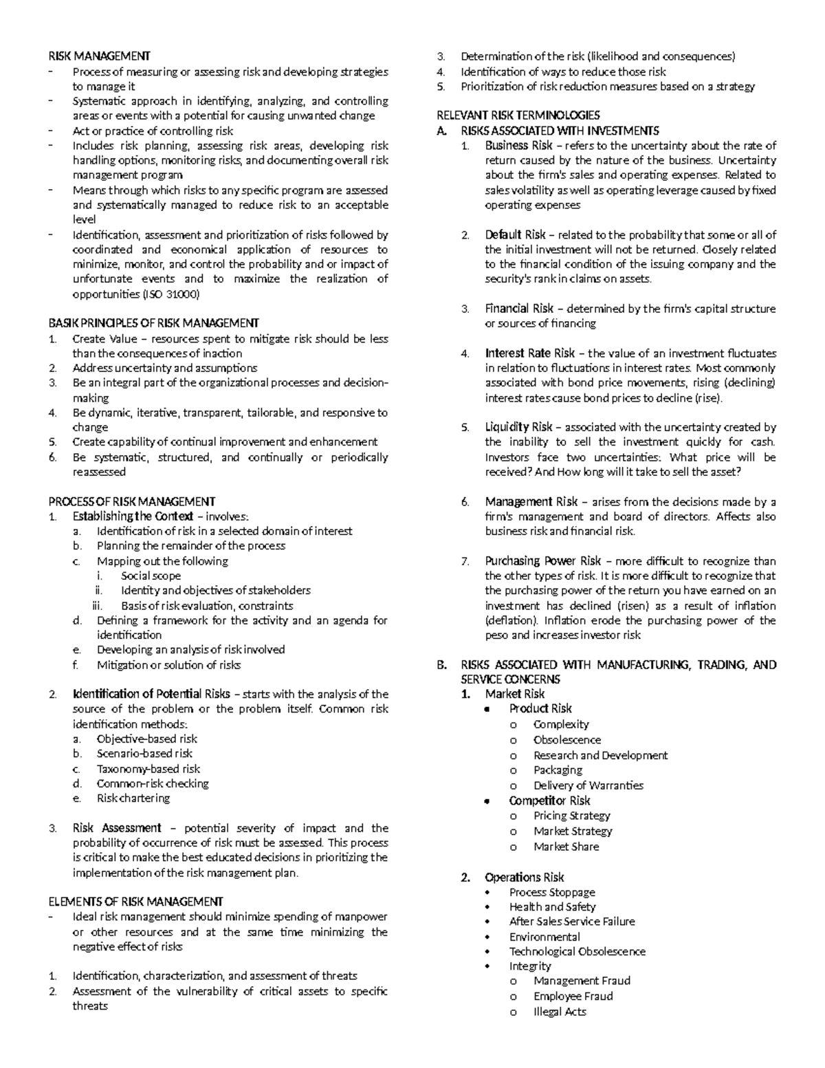 Notes-risk-management - RISK MANAGEMENT Process of measuring or ...