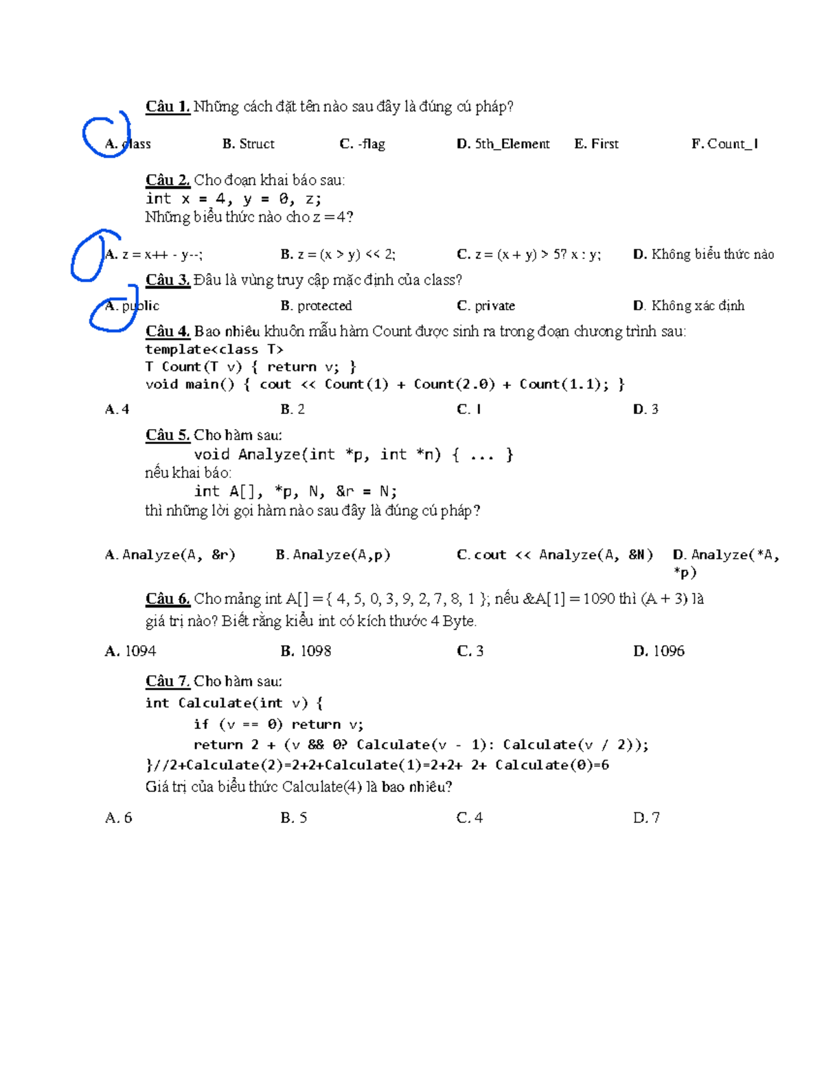 Trắc nghiệm C++ - Câu 1. Những cách đặt tên nào sau đây là đúng cú pháp ...