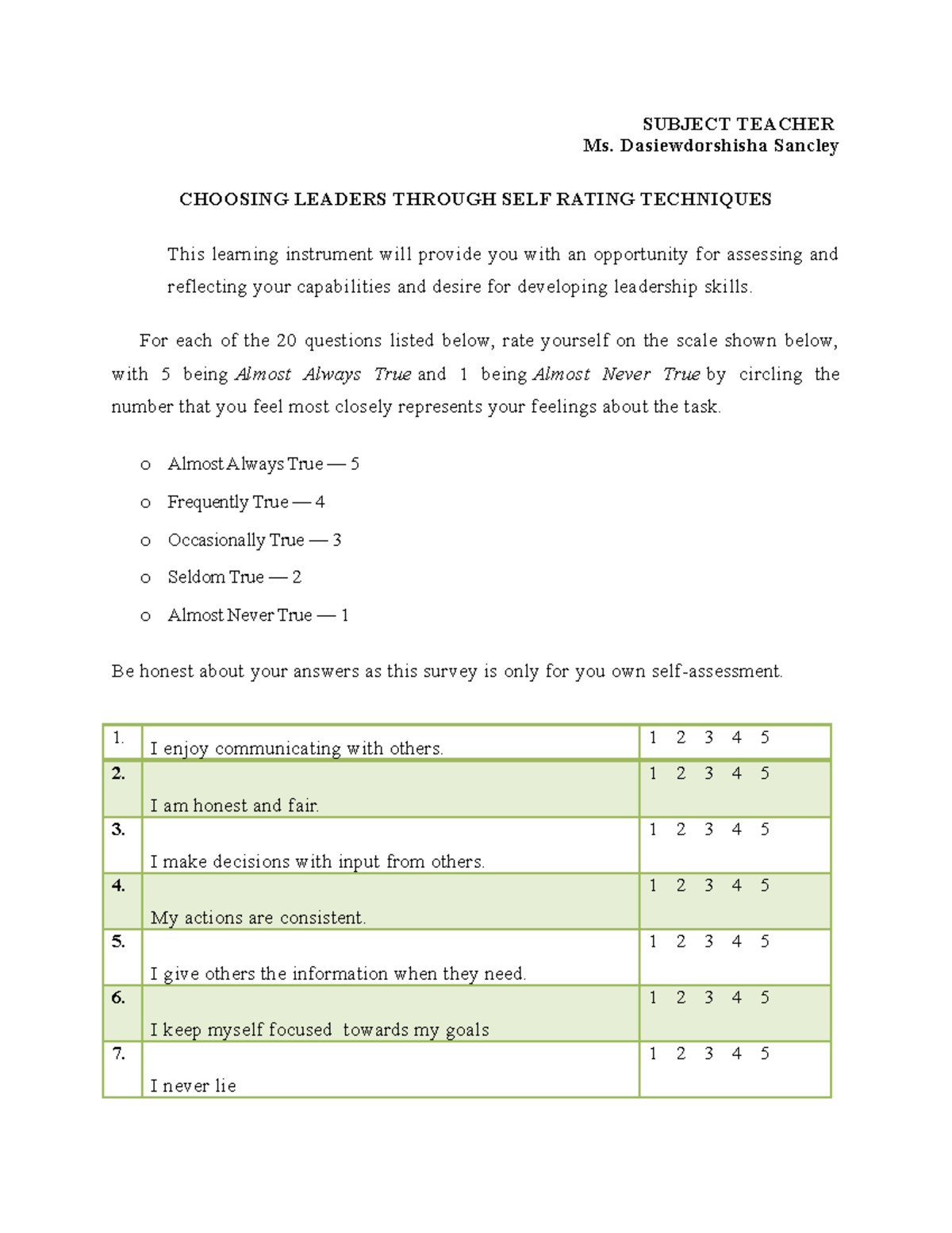 CHOOSING LEADERS THROUGH SELF RATING TECHNIQUES - SUBJECT TEACHER Ms ...