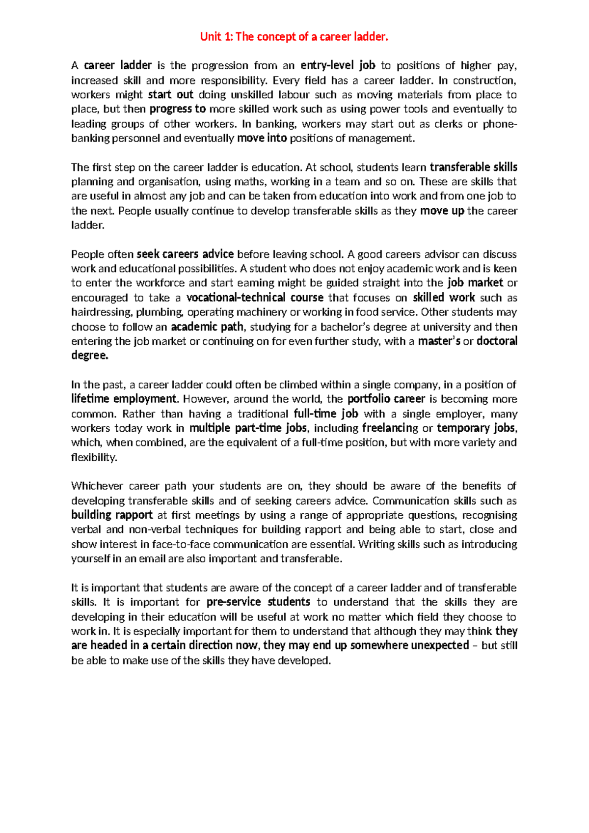 U1 - The concept of a career ladder - A career ladder is the ...