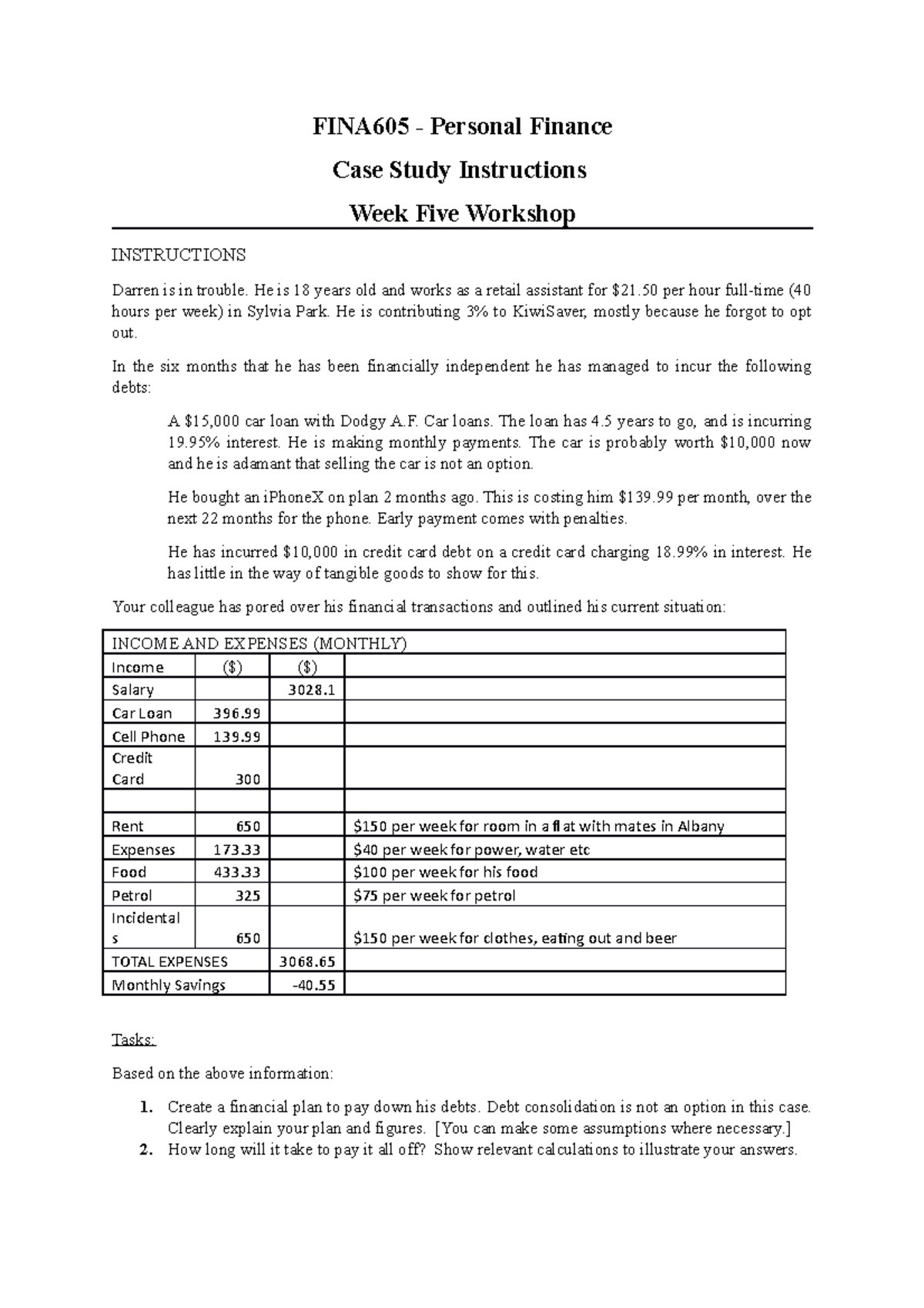 Week 5 - Workshop Task new - FINA605 - Personal Finance Case Study ...
