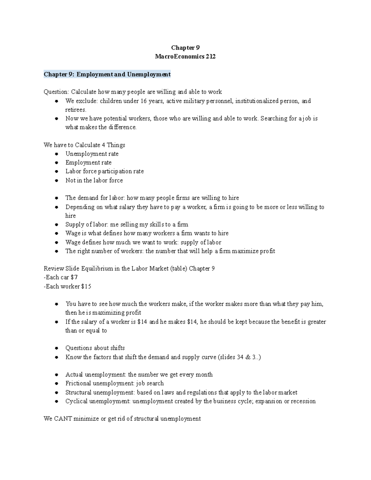 ECO 212 Chapter 9 Review - Chapter 9 MacroEconomics 212 Chapter 9: Employment and Unemployment ...