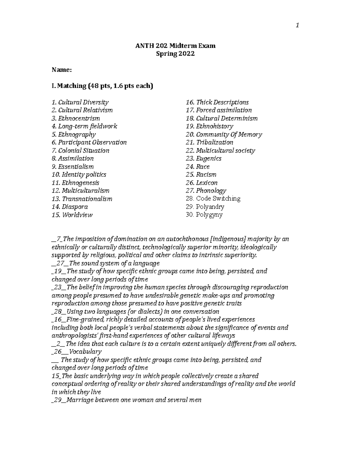 Anthropology exam - Anthro 202 final exam - ANTH 202 Midterm Exam ...