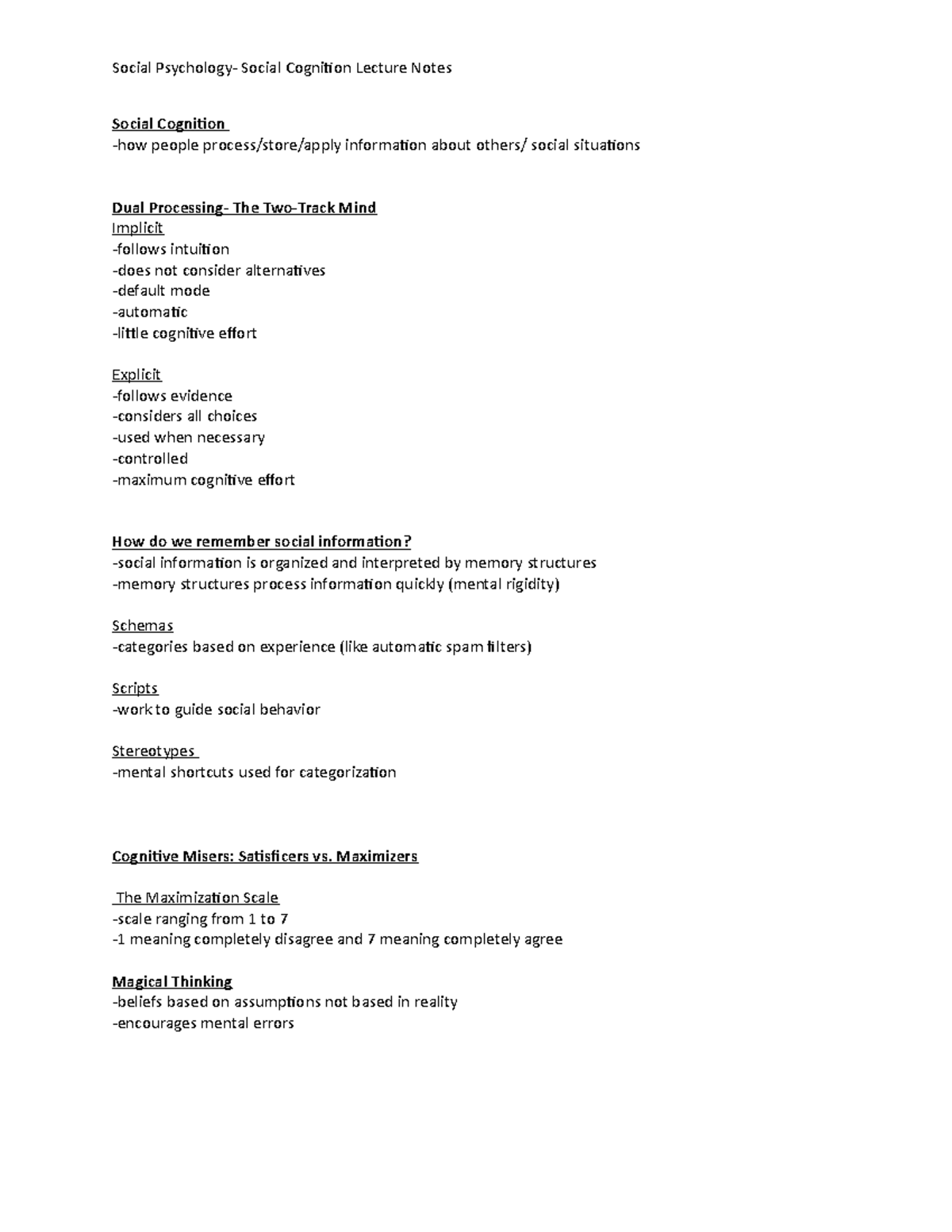Social Cognition Lecture Notes 1 Social Psychology Social Cognition Lecture Notes Social 