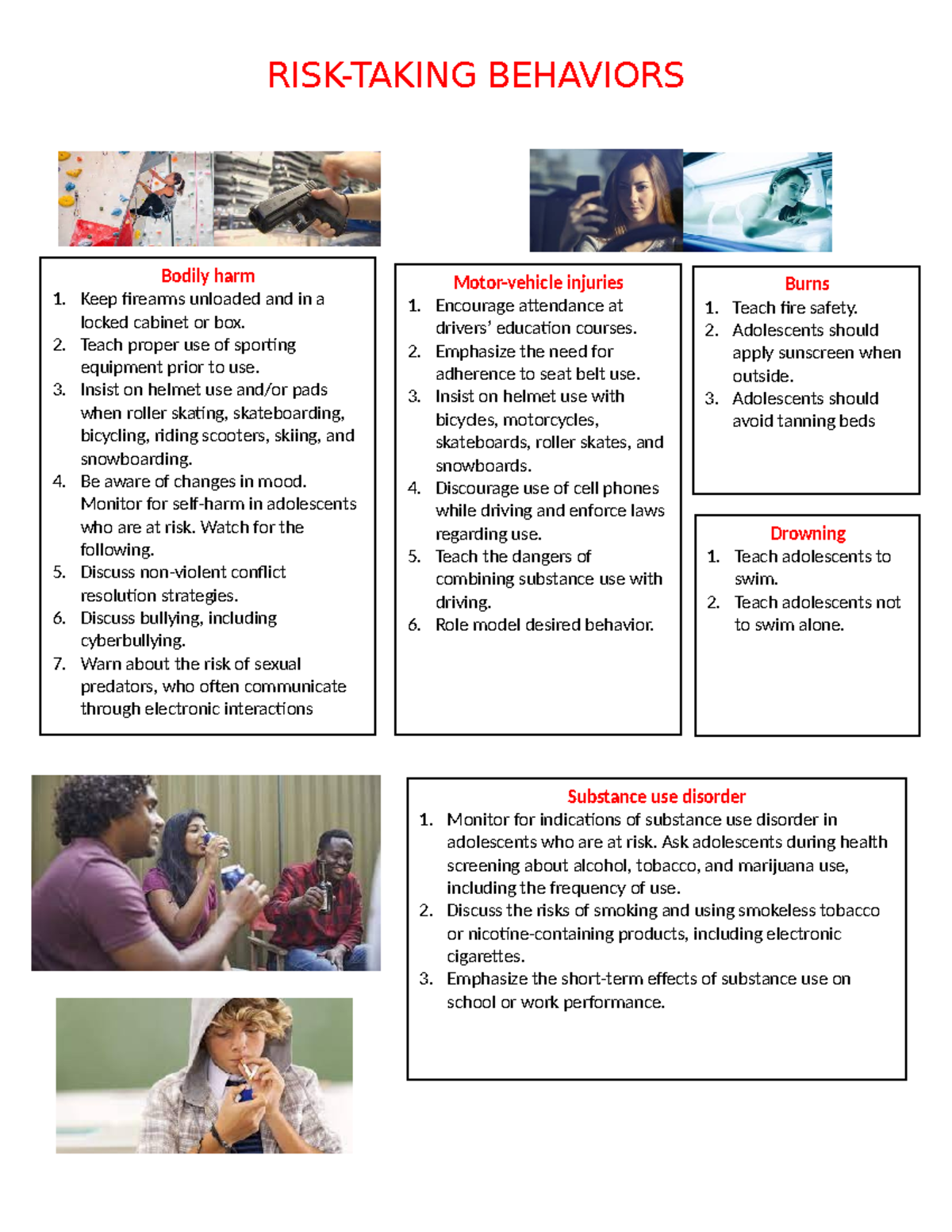 RISK taking behaviors - RISK-TAKING BEHAVIORS Bodily harm 1. Keep firearms unloaded and in a ...