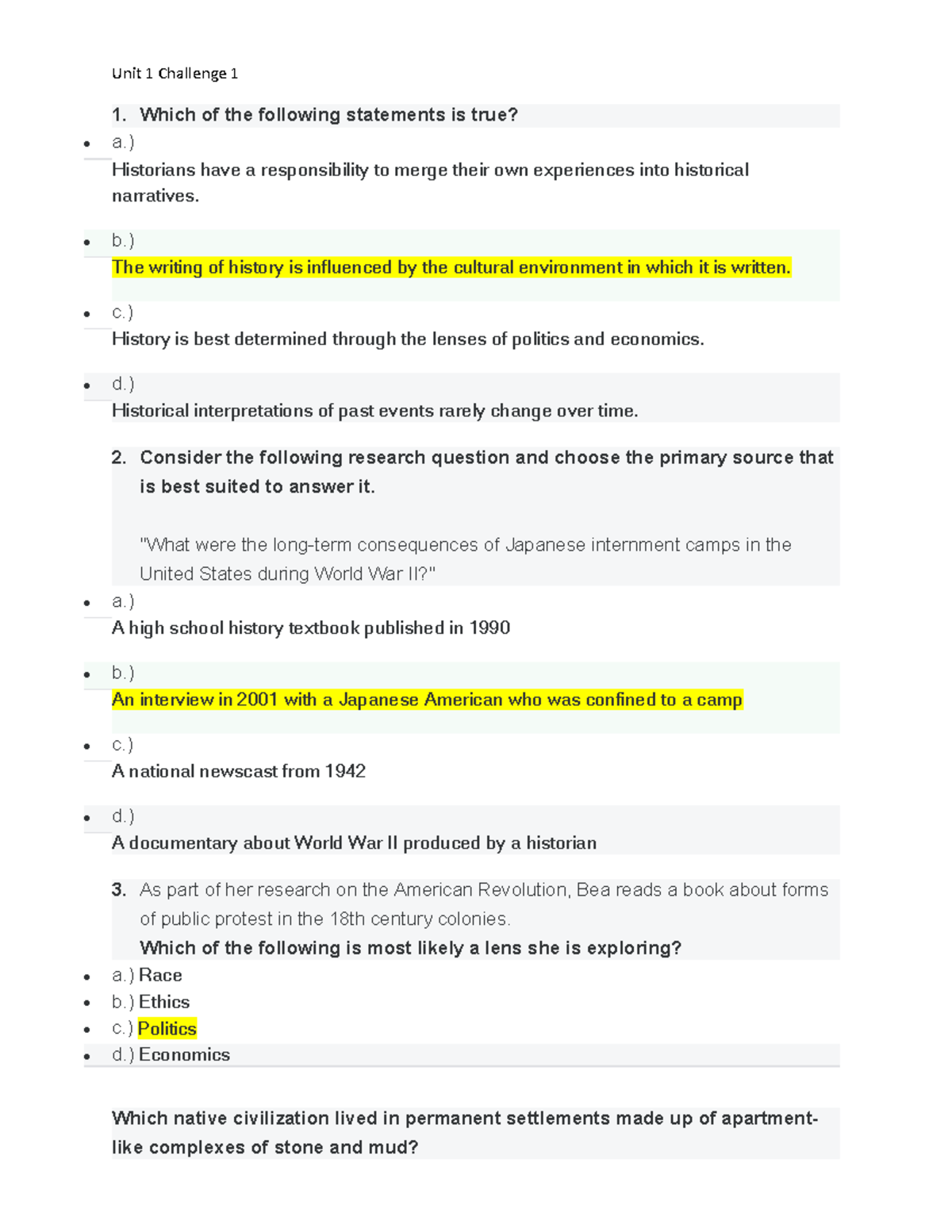 All Challenges History - Unit 1 Challenge 1 1. Which of the following ...