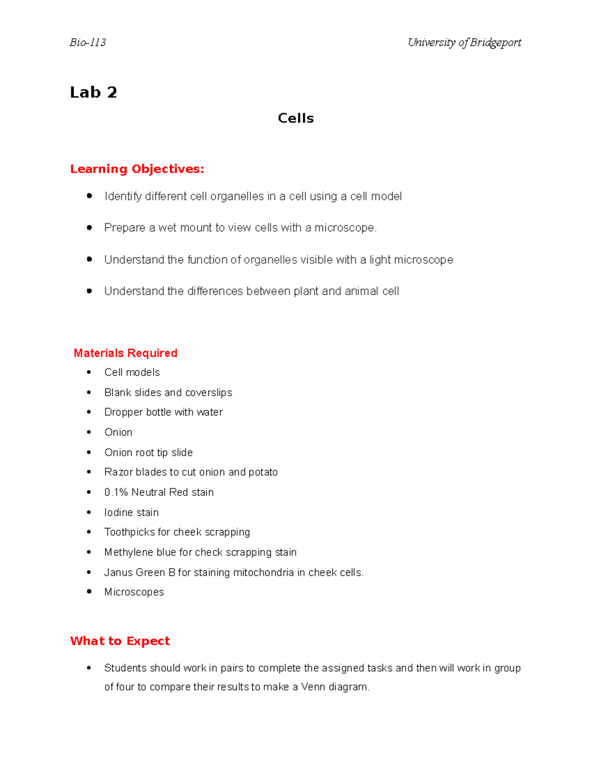 Biology 113 Lab-2 F21 - Exercises - Lab 2 Cells Learning Objectives ...