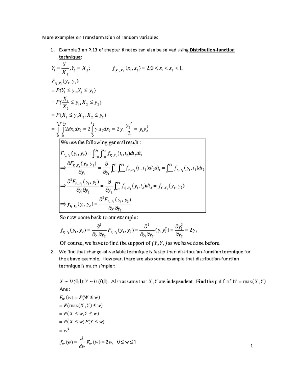 Ch6 suppl 2 - 1 More examples on Transformation of random variables ...