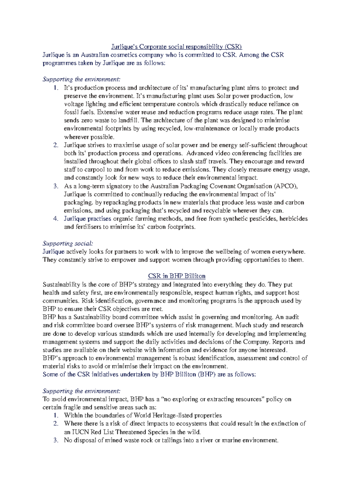Project 2 - CSR - Case study on Jurlique and BHP Billiton - Jurlique’s ...