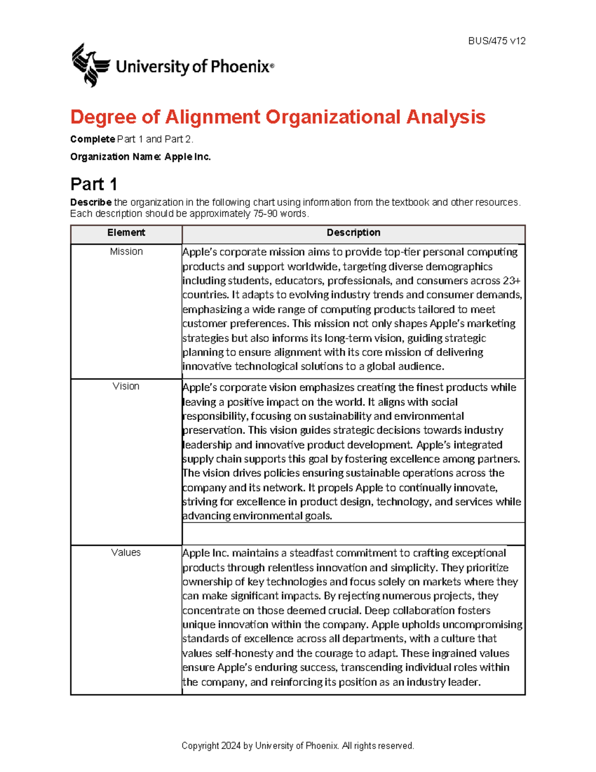 Bus475 v12 wk1 degree of alignment - APPLE - BUS/475 v Degree of ...