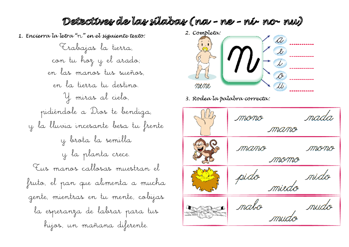 Ficha - Silabas NA - NE - NI - NO - NU - 1. Encierra la letra “n” en el siguiente texto ...