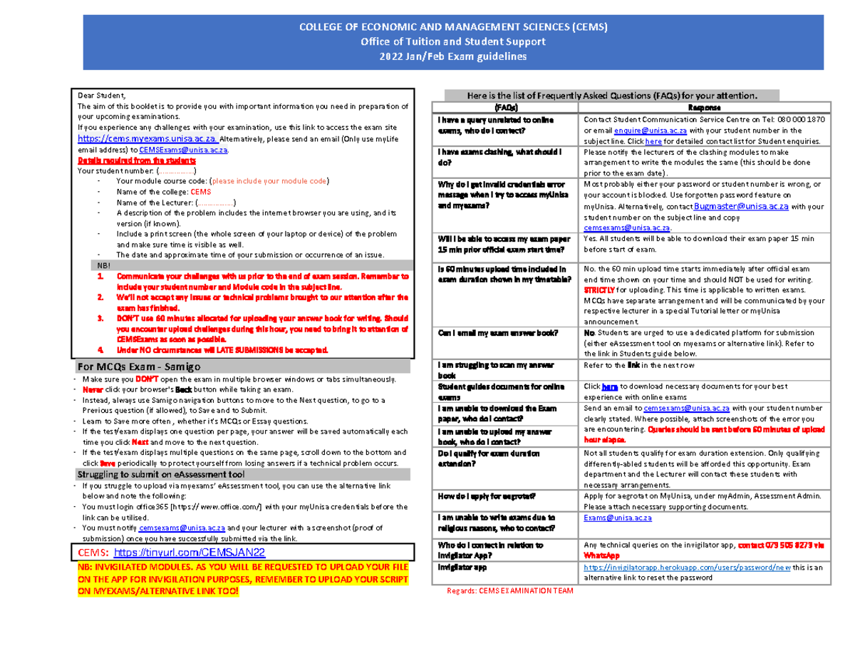 Final exam booklet 7 Jan 2022 - Dear Student, The aim of this booklet ...