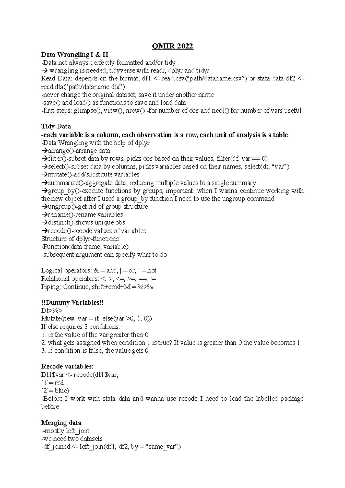 QMIR 2022 and R Course Summary - QMIR 2022 Data Wrangling I & II -Data ...