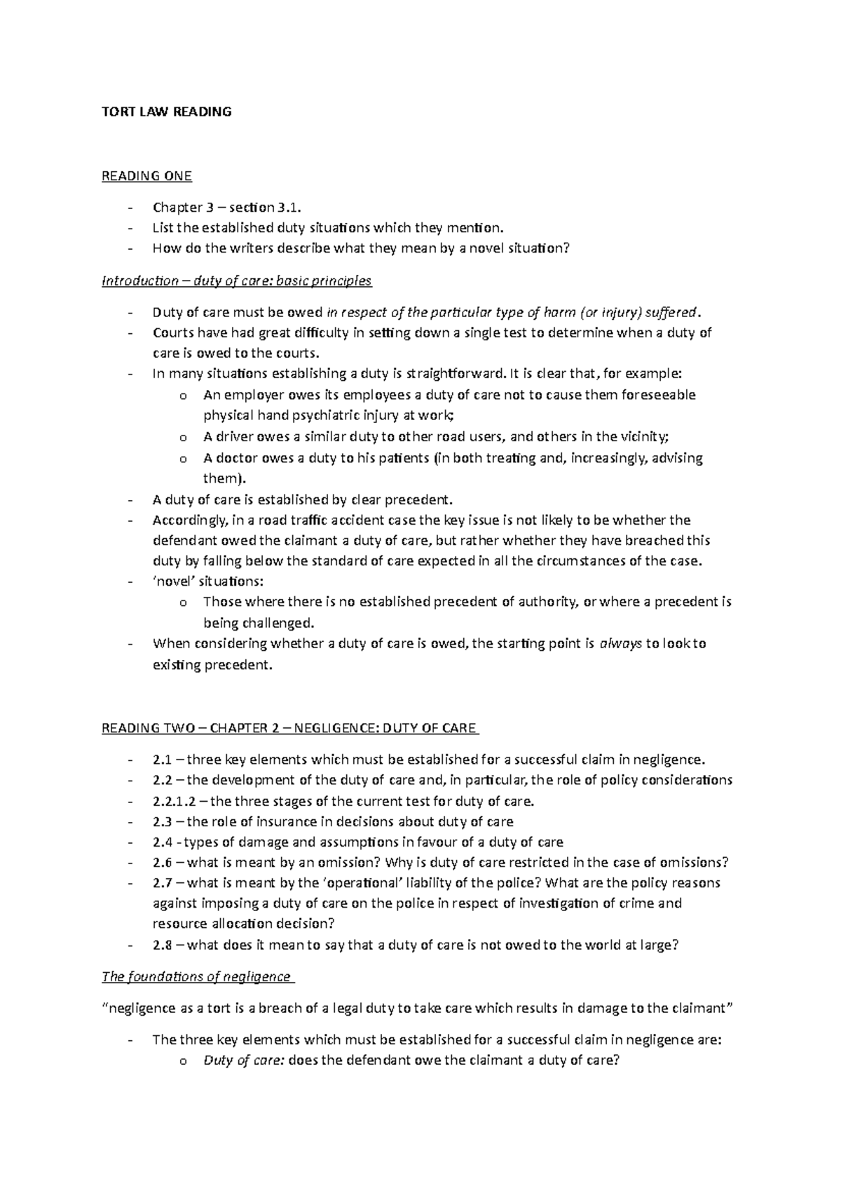 TL Reading 2 - TORT LAW READING READING ONE Chapter 3 – section 3. List ...
