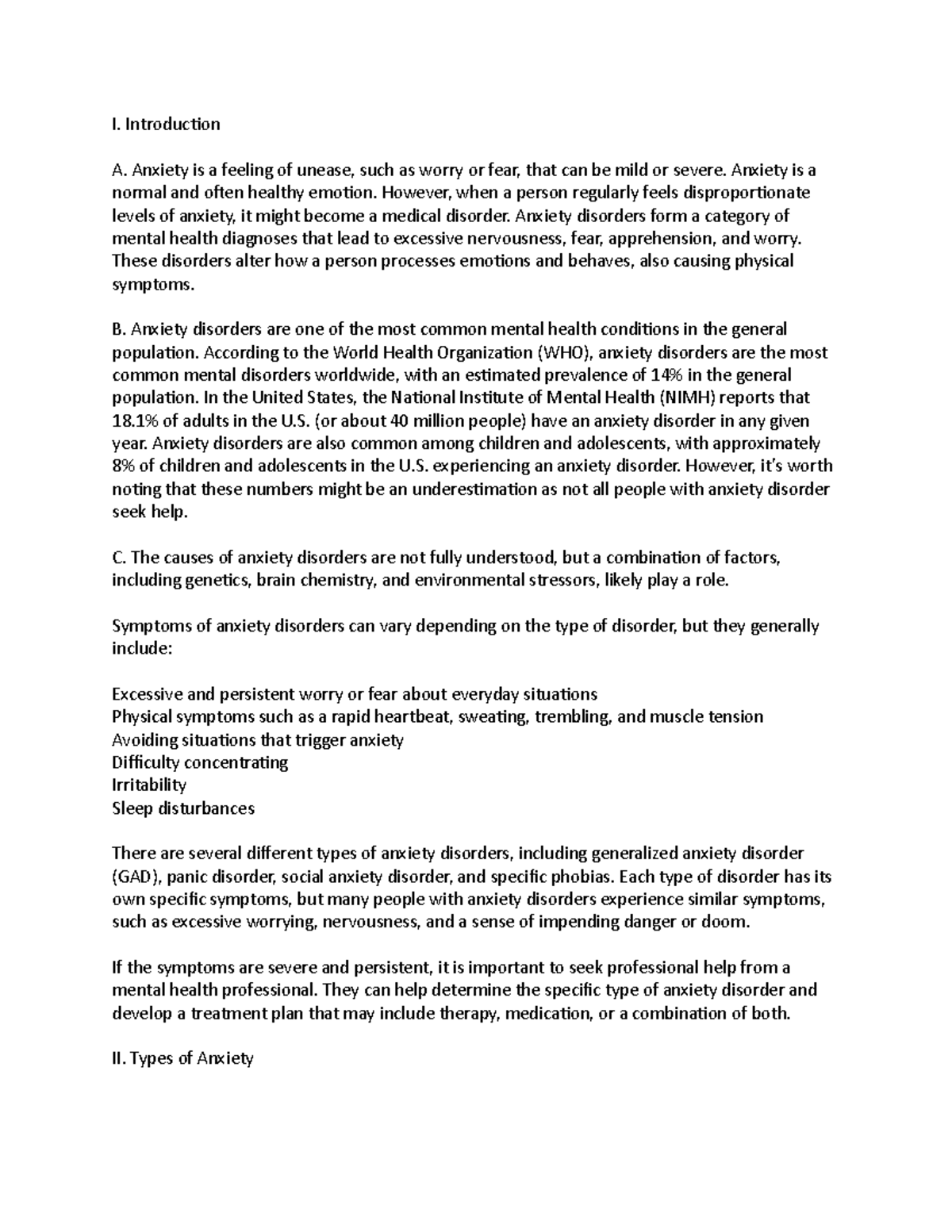 Anxiety - I. Introduction A. Anxiety is a feeling of unease, such as ...