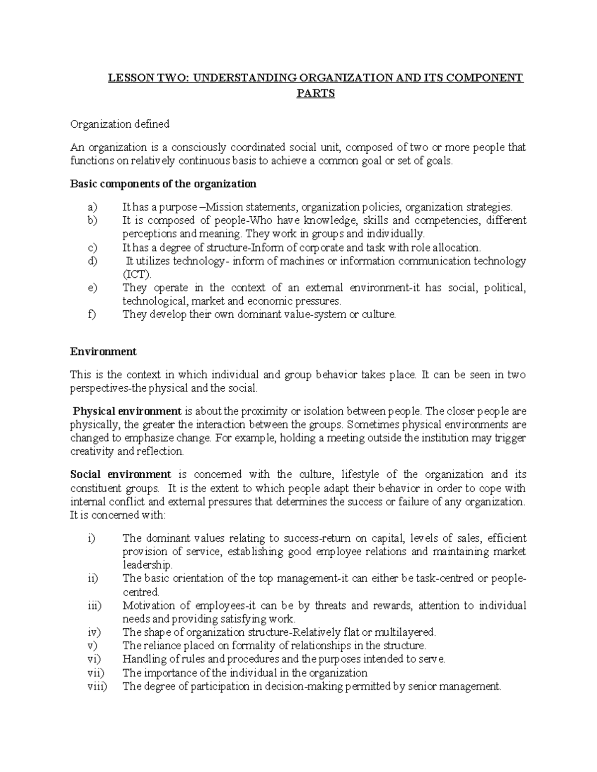 Lesson TWO Understanding Organization AND ITS Components - LESSON TWO ...