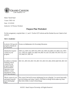 UNV108 T1 Navigatingthe Learning Environment Template-Online Gen Ed - Name: Tamill Piper Course ...
