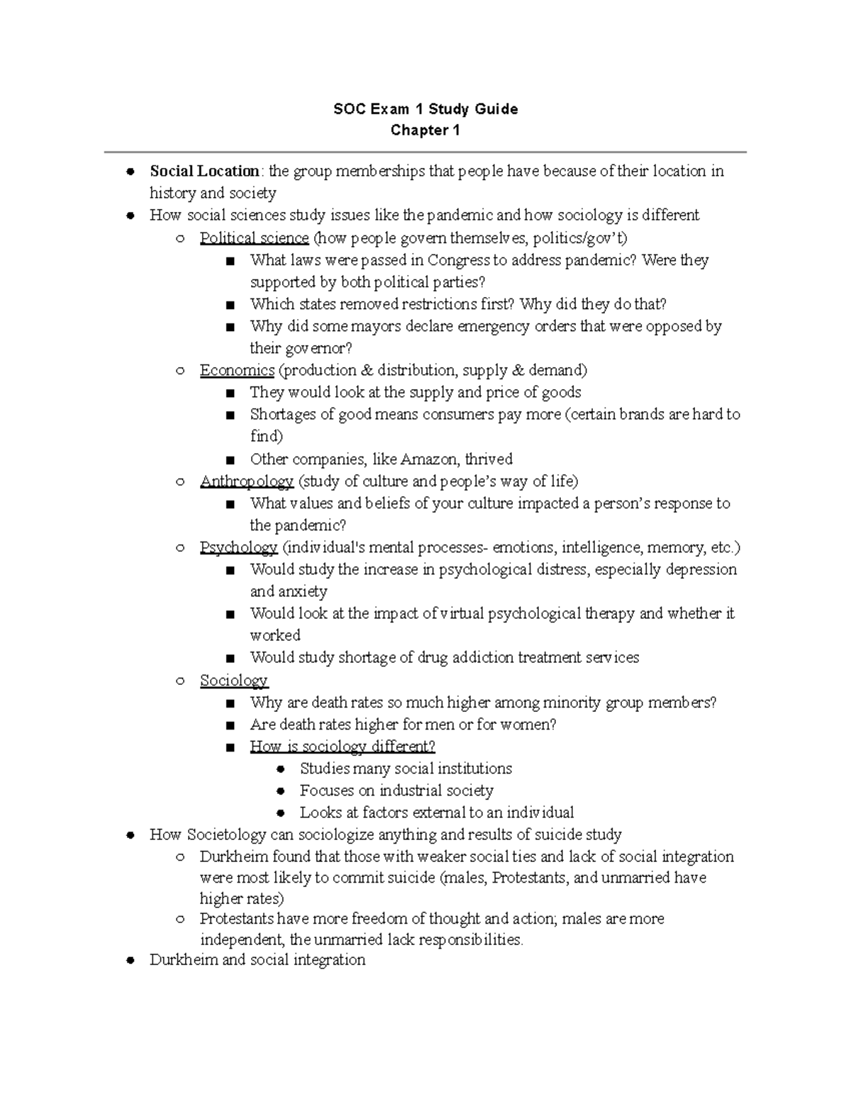 SOC Exam 1 Study Guide - SOC Exam 1 Study Guide Chapter 1 Social ...