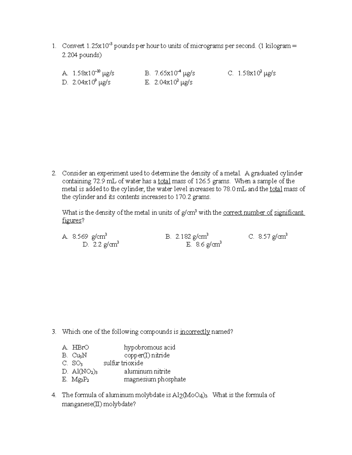 Final Exam Review Questions Convert 1 3 Pounds Per Hour To Units Of