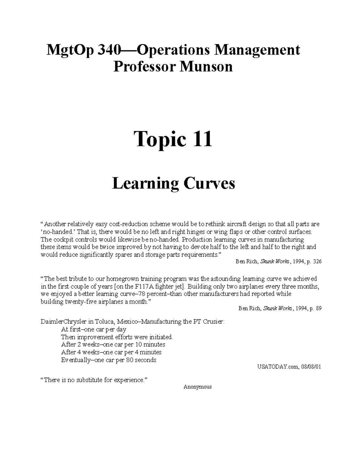 Topic 11 - Lecture notes 11 - MgtOp 340—Operations Management Professor ...