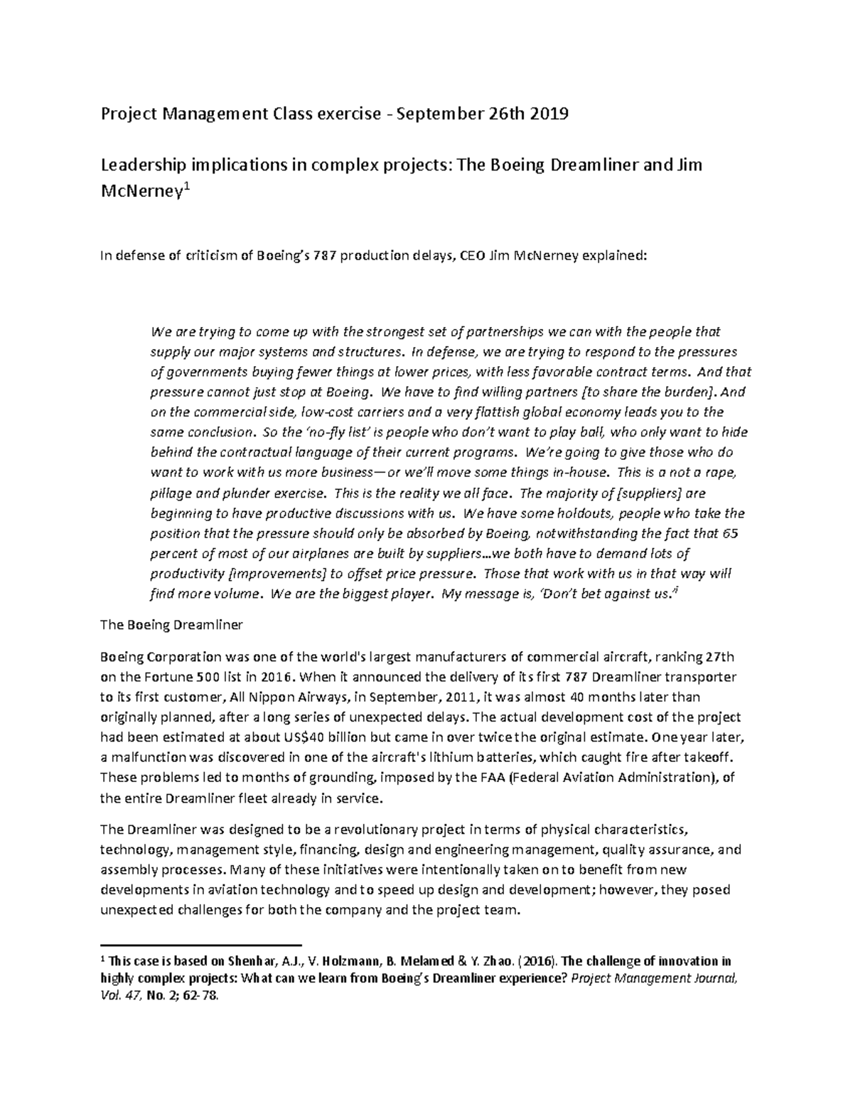 Boing Leadership-exercise hand out - Project Management Class exercise ...
