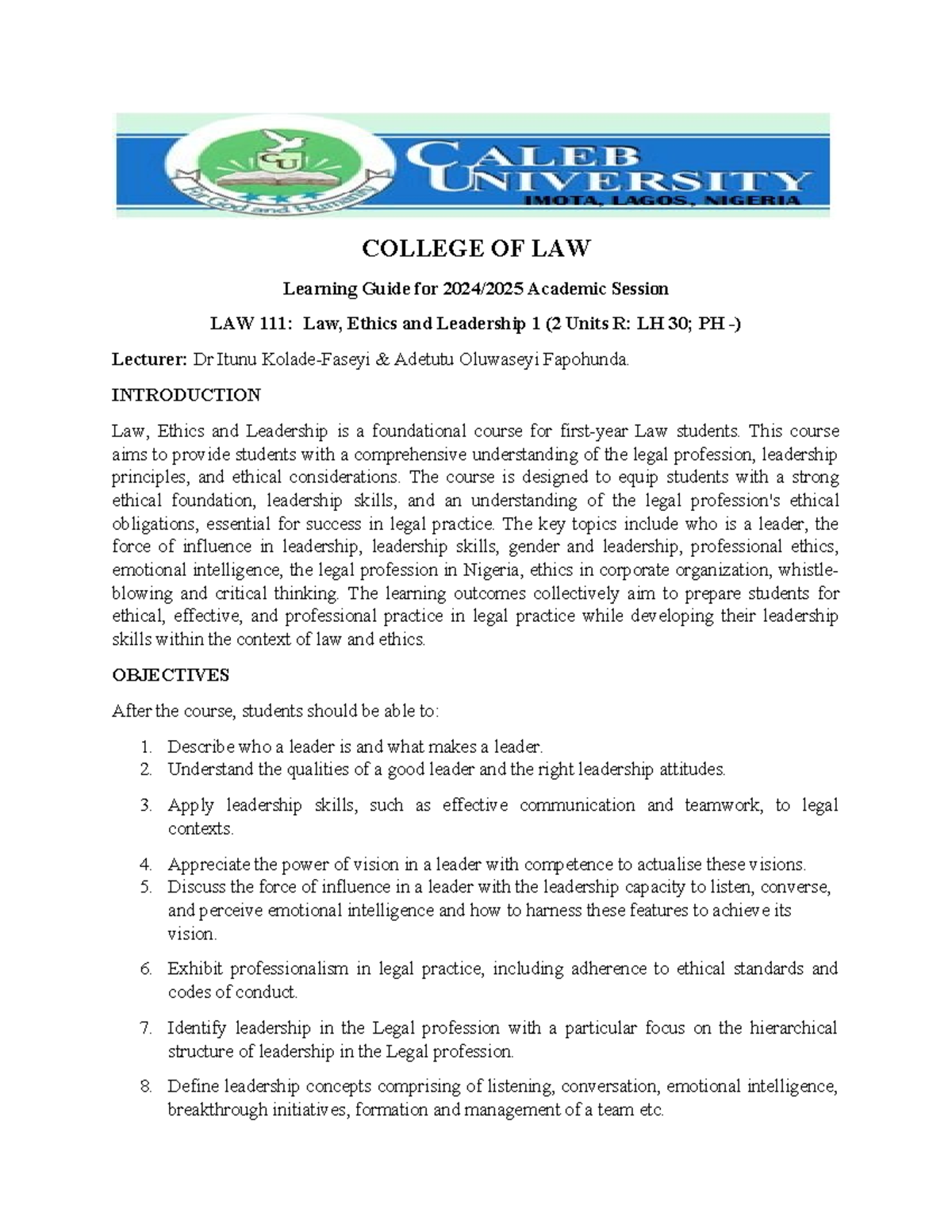 Law 111 Learning Guide updated - COLLEGE OF LAW Learning Guide for 2024 ...