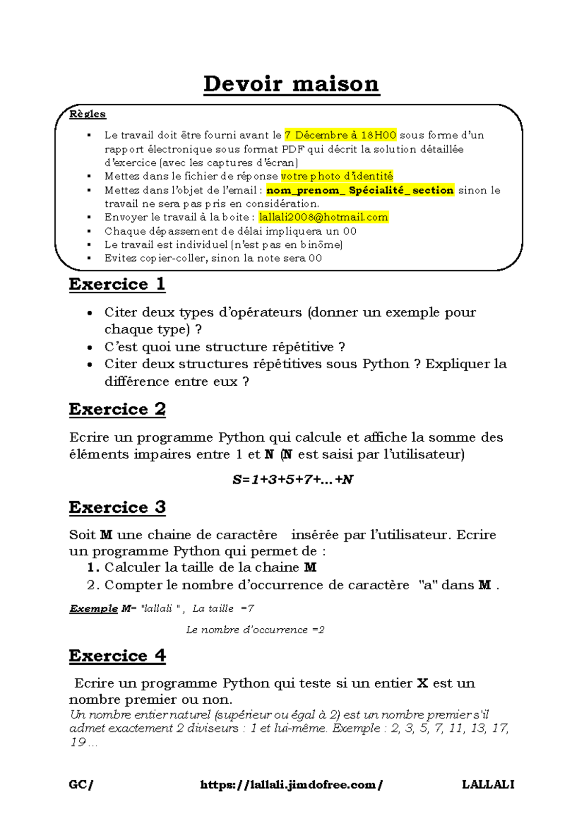 Devoir maison ING GC A - python - GC/ lallali.jimdofree/ LALLALI Devoir maison Règles Le travail ...