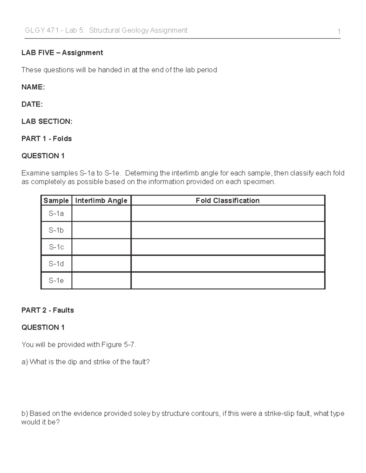 Lab 5 Assignment 2014 - GLGY 471 - Lab 5: Structural Geology Assignment ...